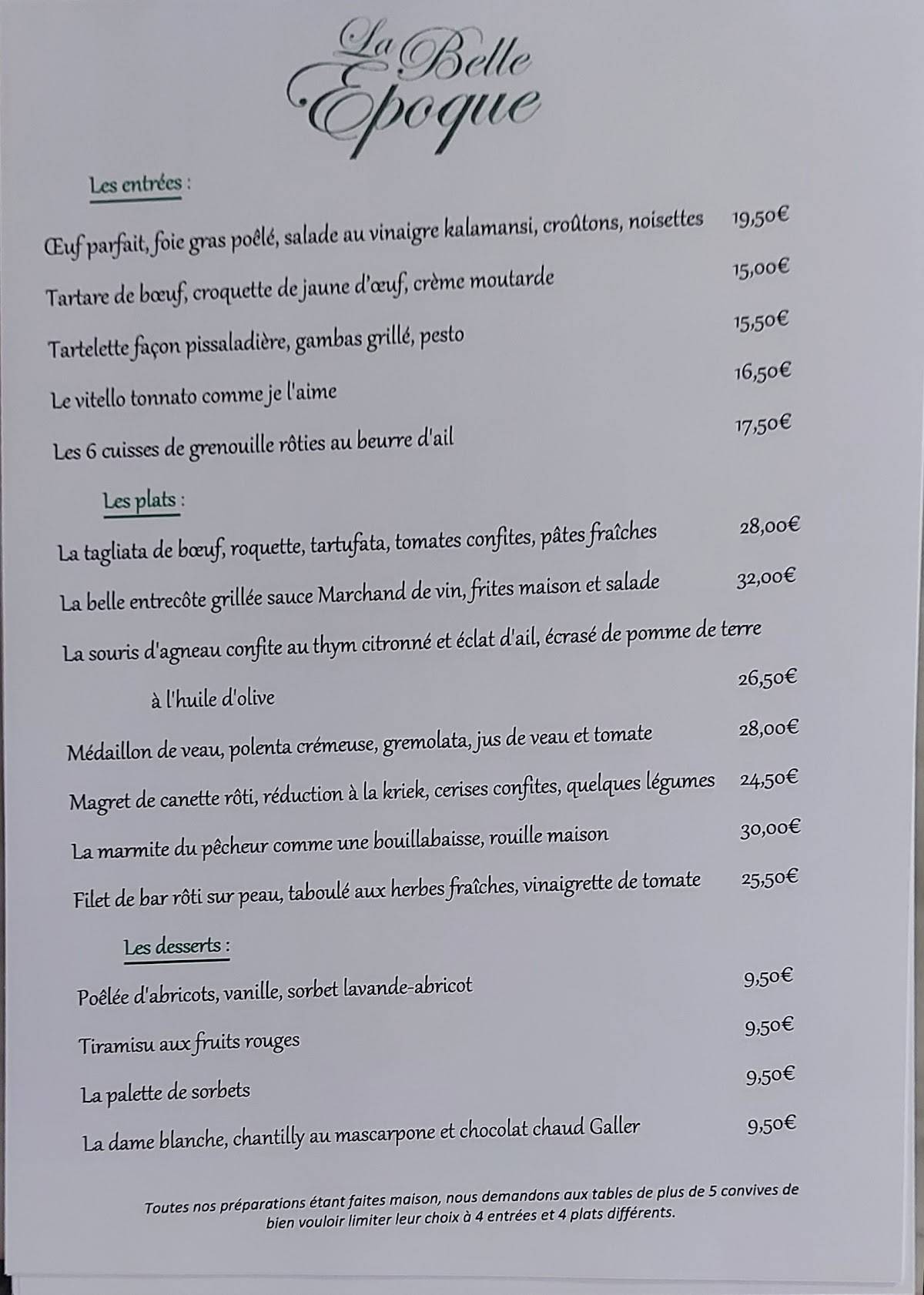 Menu au La Belle Époque et ses saveurs d’Orient, Spa