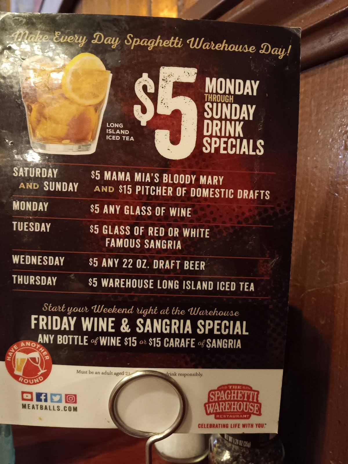 Menu at Spaghetti Warehouse restaurant, Akron