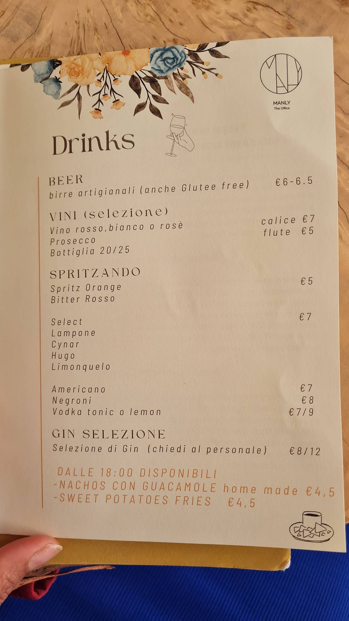 Carta del café Specialty coffee Manly The Office, Florencia