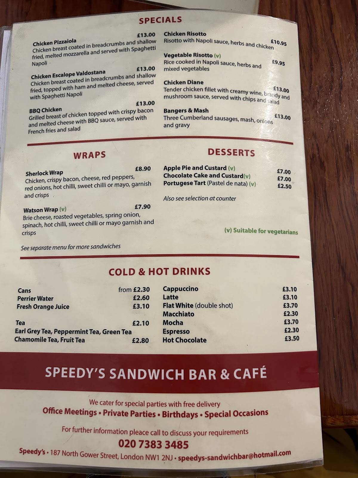 Menu at Speedy's Sandwich Bar & Cafe, London, 187 N Gower St