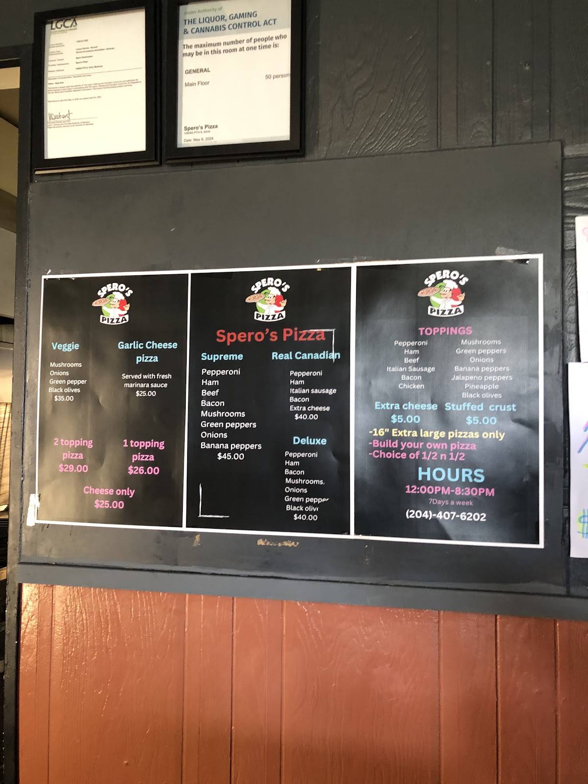 Menu at Spero's Pizza Gimli restaurant, Gimli