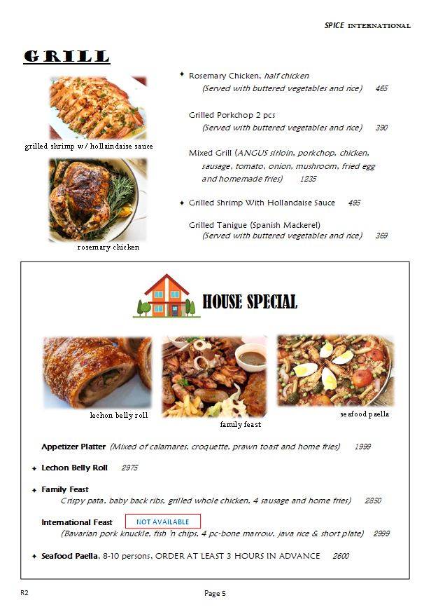 Menu at Spice International restaurant, Subic