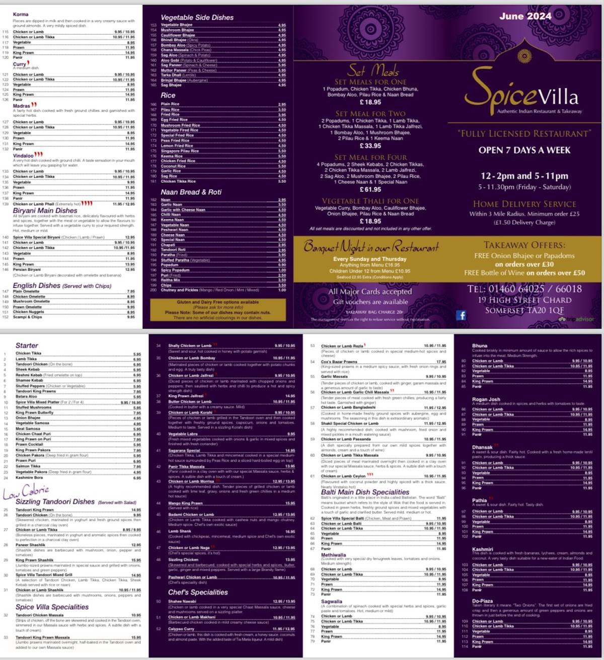 Menu at Spice Villa Indian Restaurant, Chard