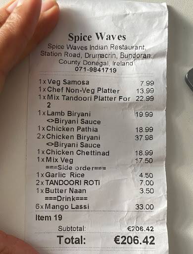 Menu at Spice Waves restaurant, Bundoran