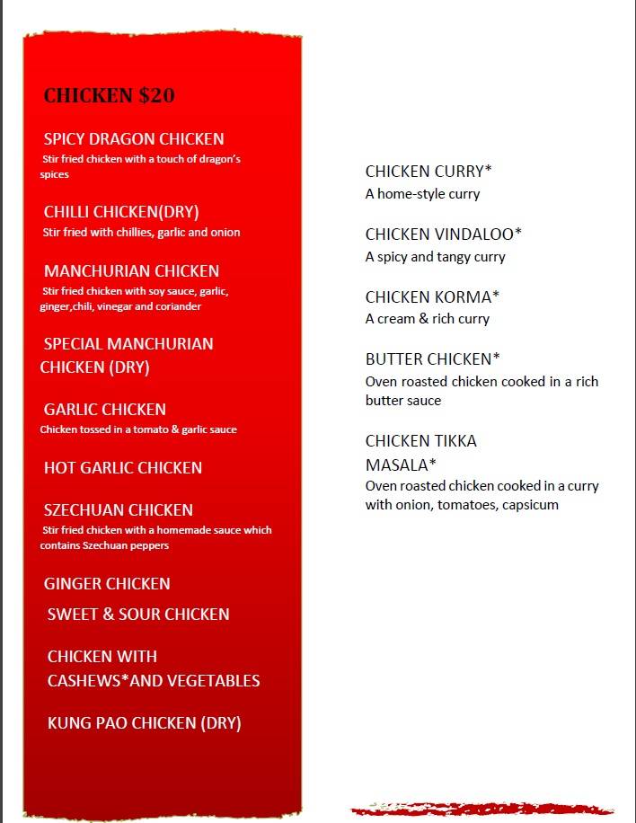 Menu at Spicy Dragon restaurant, Carnegie