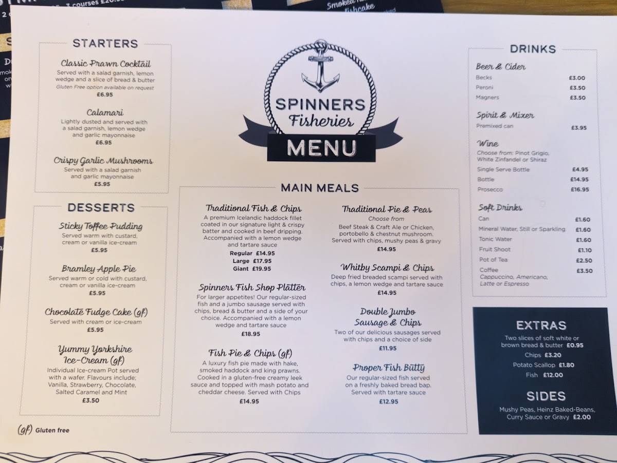 Menu at Spinners Fisheries pub & bar, Dewsbury