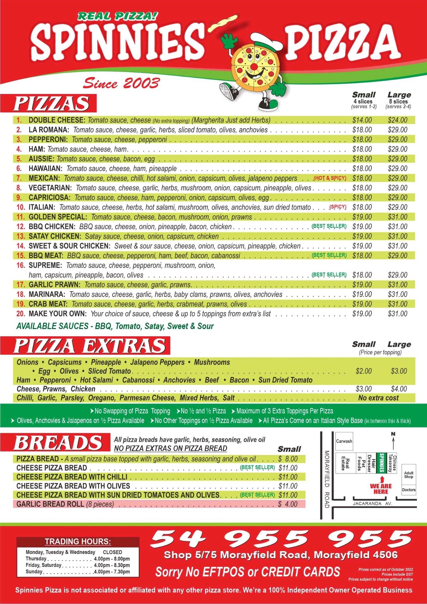 Menu at Spinnies Pizza pizzeria, Caboolture South, 5/75 Morayfield Rd