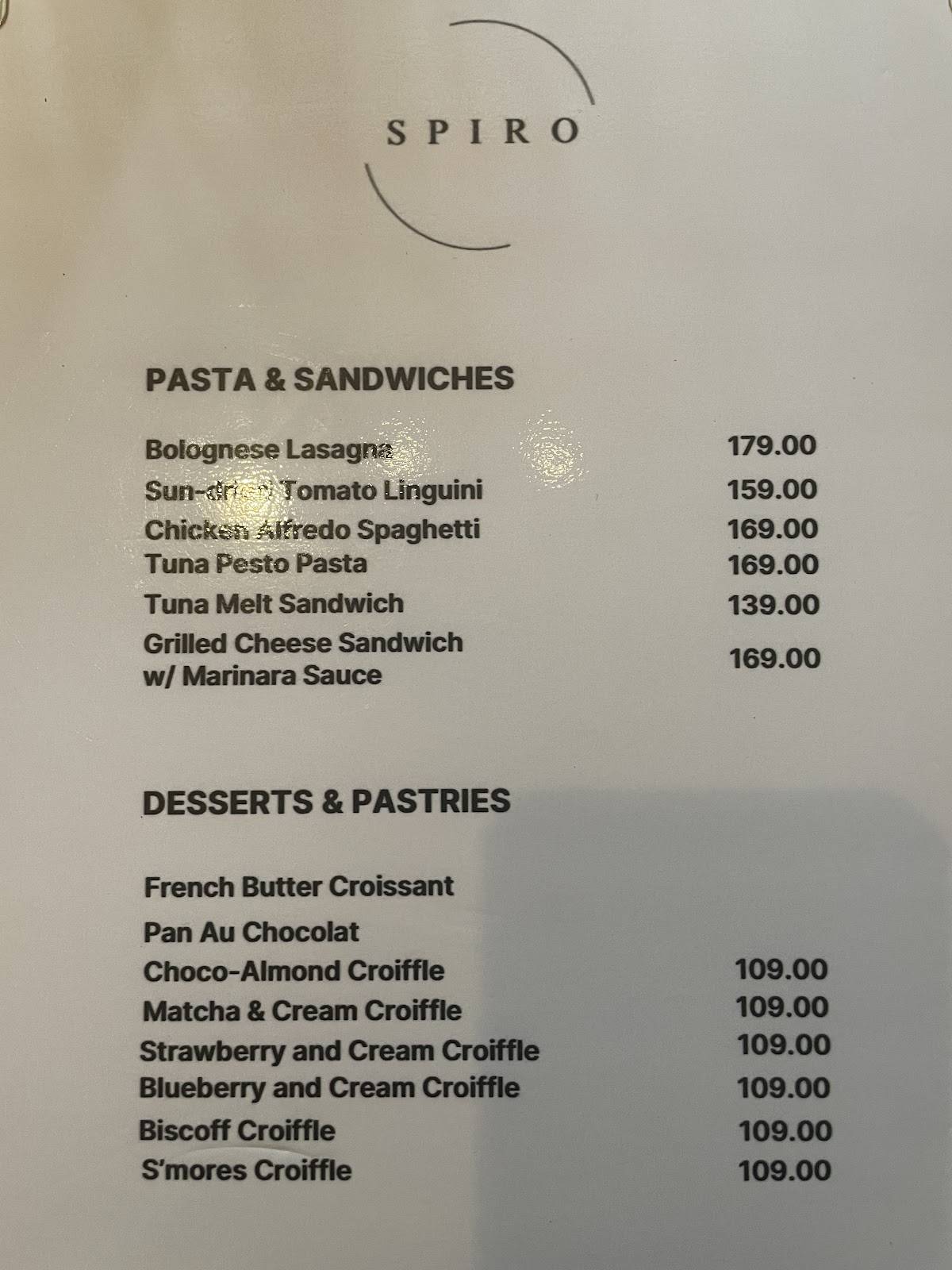 Menu at Spiro Kafe, Legazpi City
