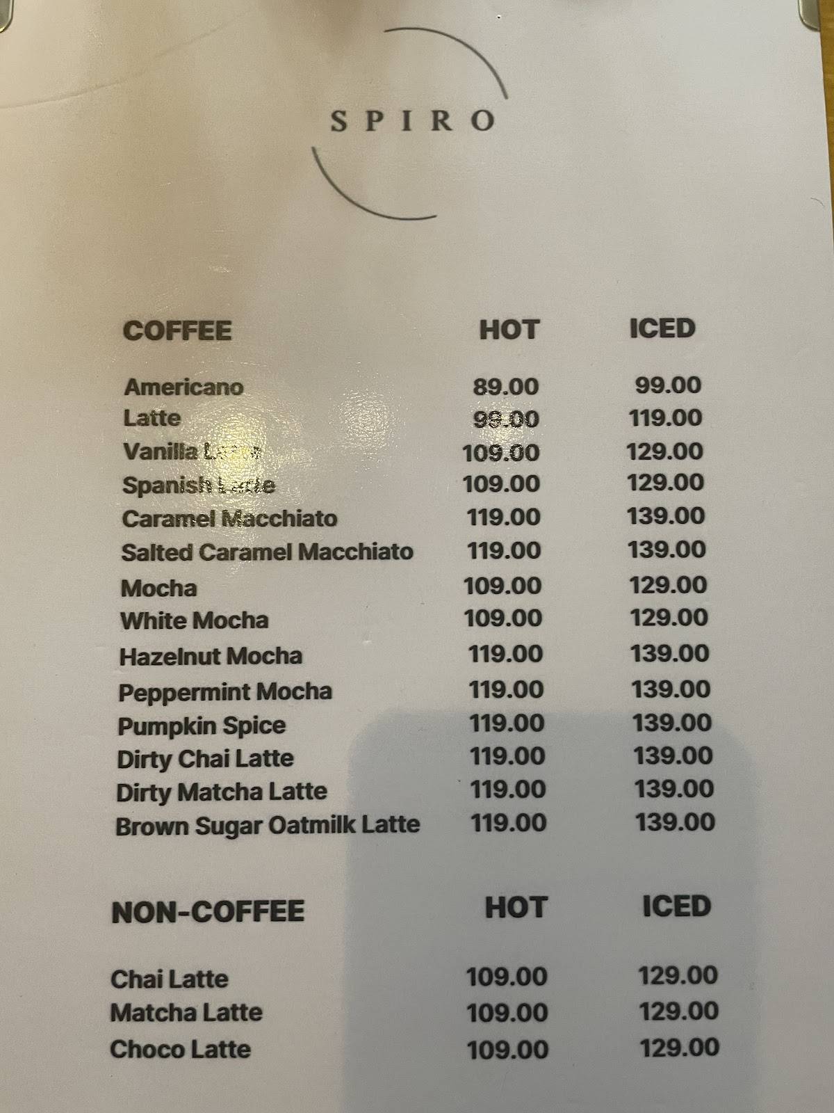 Menu at Spiro Kafe, Legazpi City