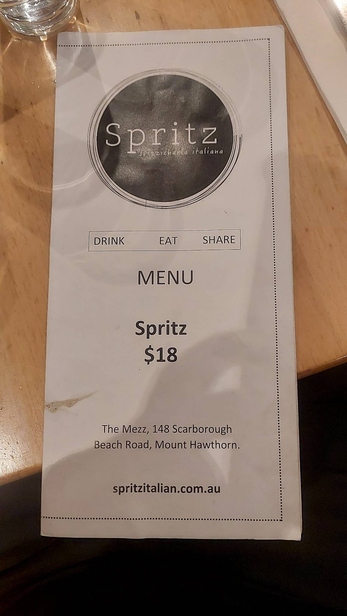 Menu at Spritz Spizzicheria restaurant, Mount Hawthorn