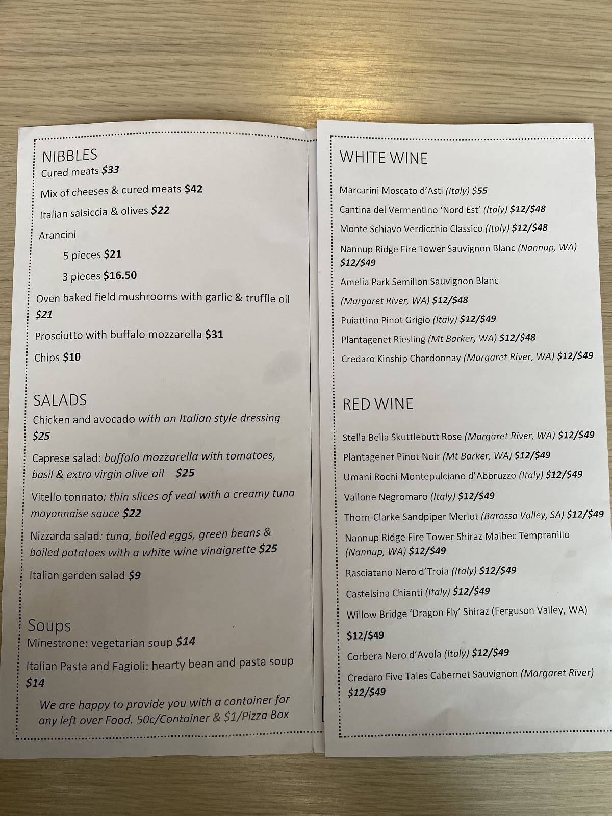 Menu at Spritz Spizzicheria restaurant, Mount Hawthorn