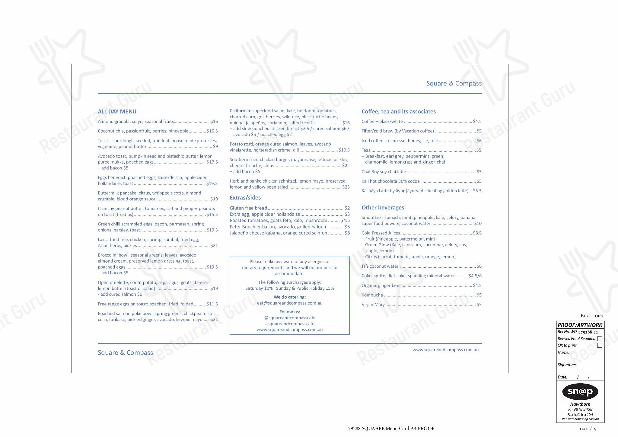 Menu at Square & Compass cafe, East Melbourne