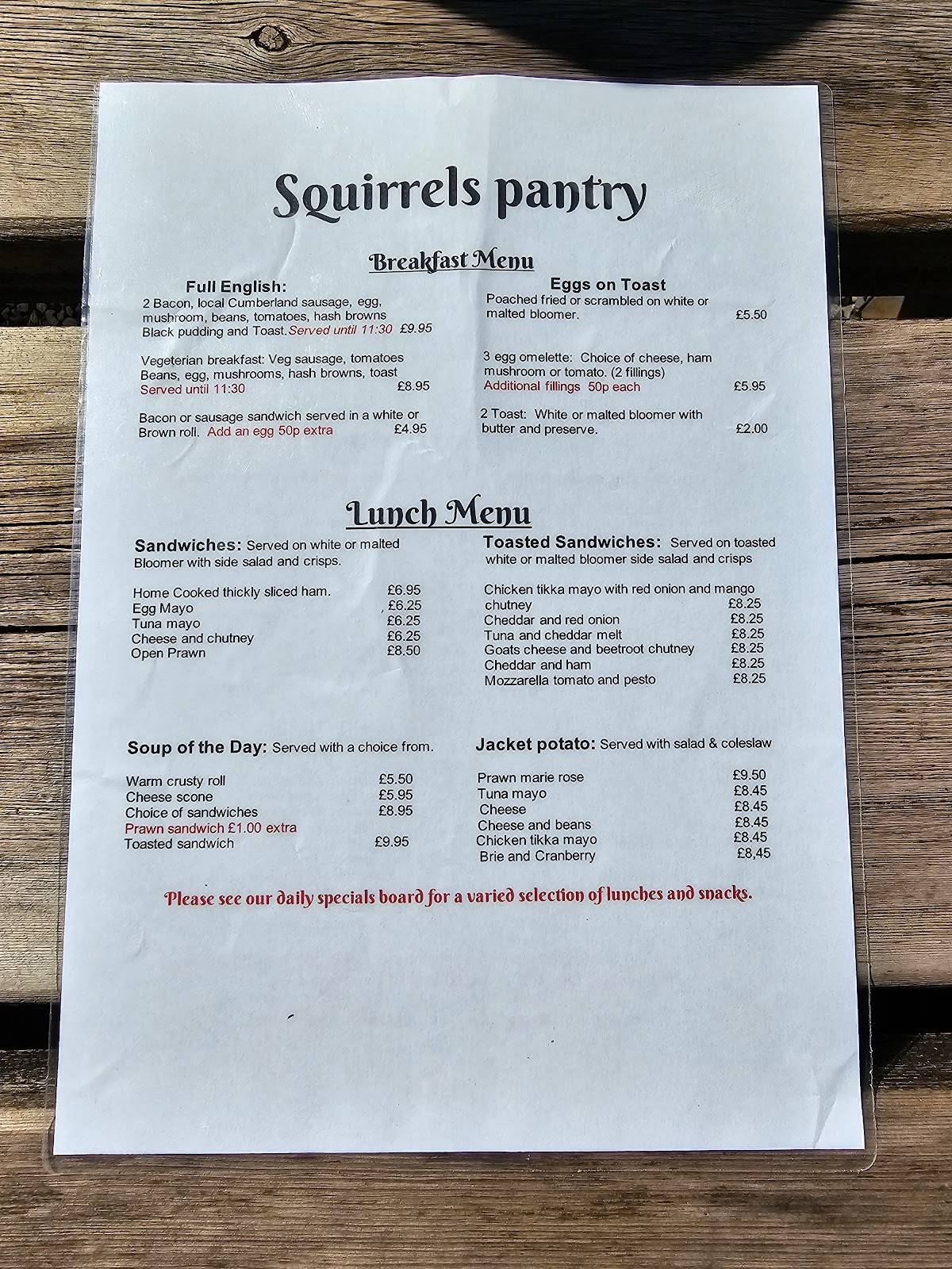 Menu at Squirrels Pantry cafe, Cockermouth, Oakhurst Garden Centre