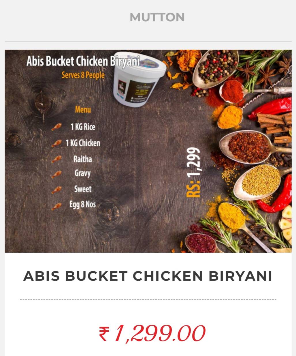 Menu at Sri Abis Biryani, India