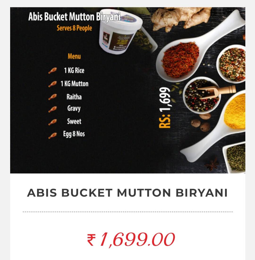 Menu at Sri Abis Biryani, India