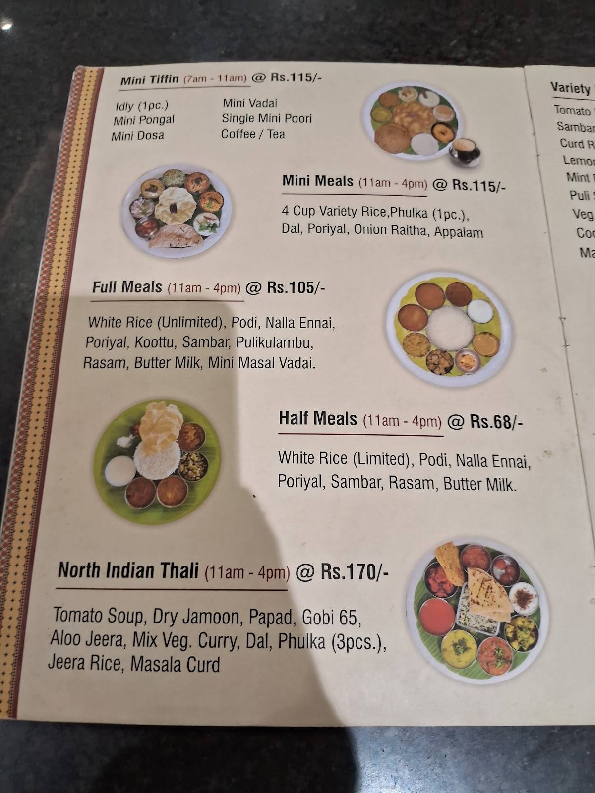 Menu at Sri Lakshmi Vilas, Salem, 13