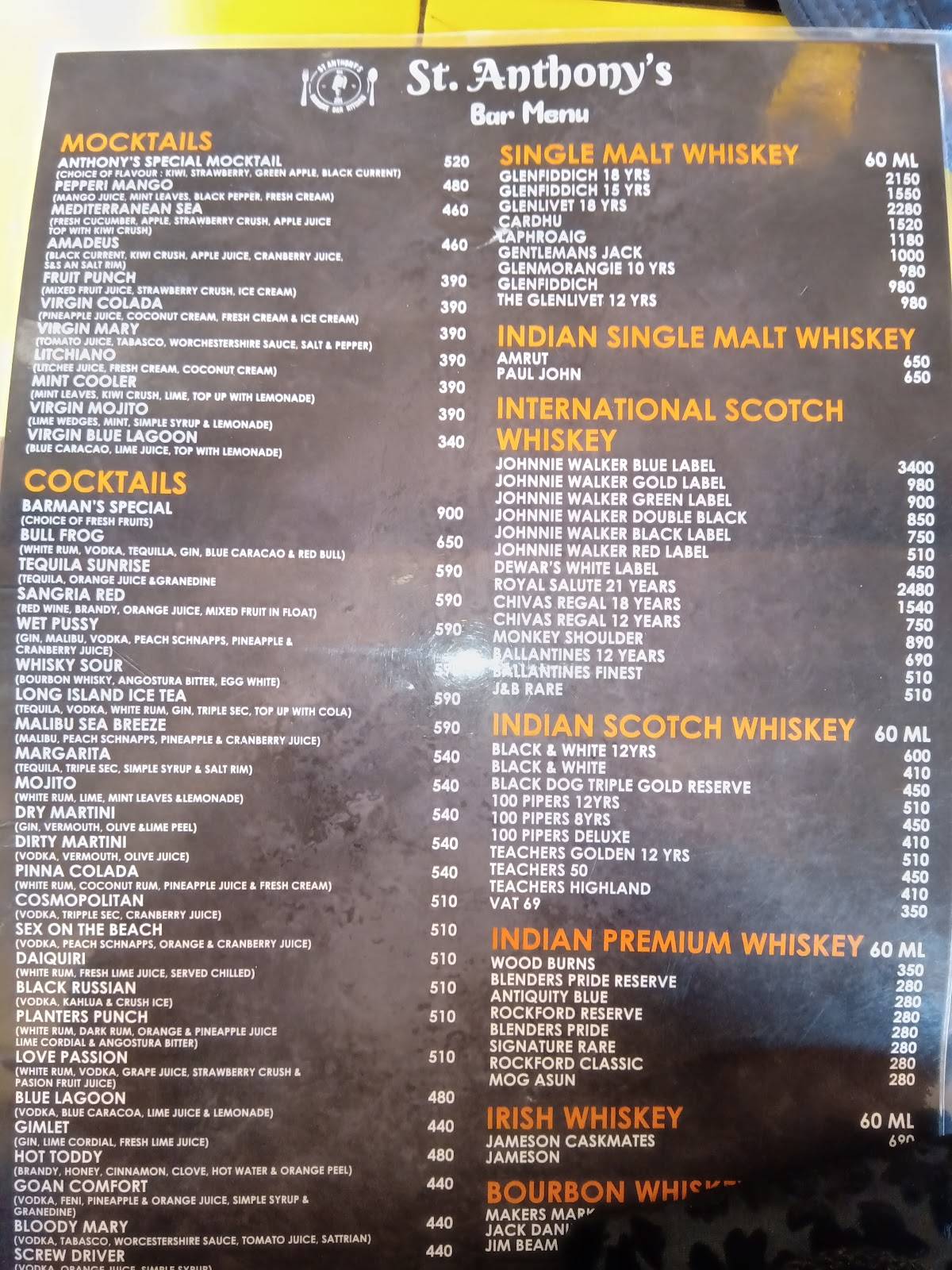 Menu at St. Anthony's, Calangute