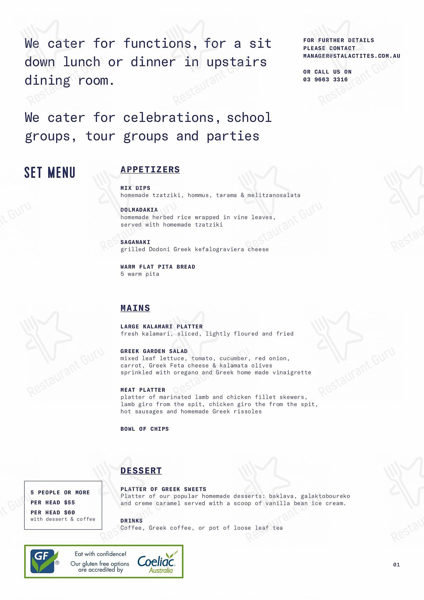 Menu at Stalactites Restaurant, Melbourne