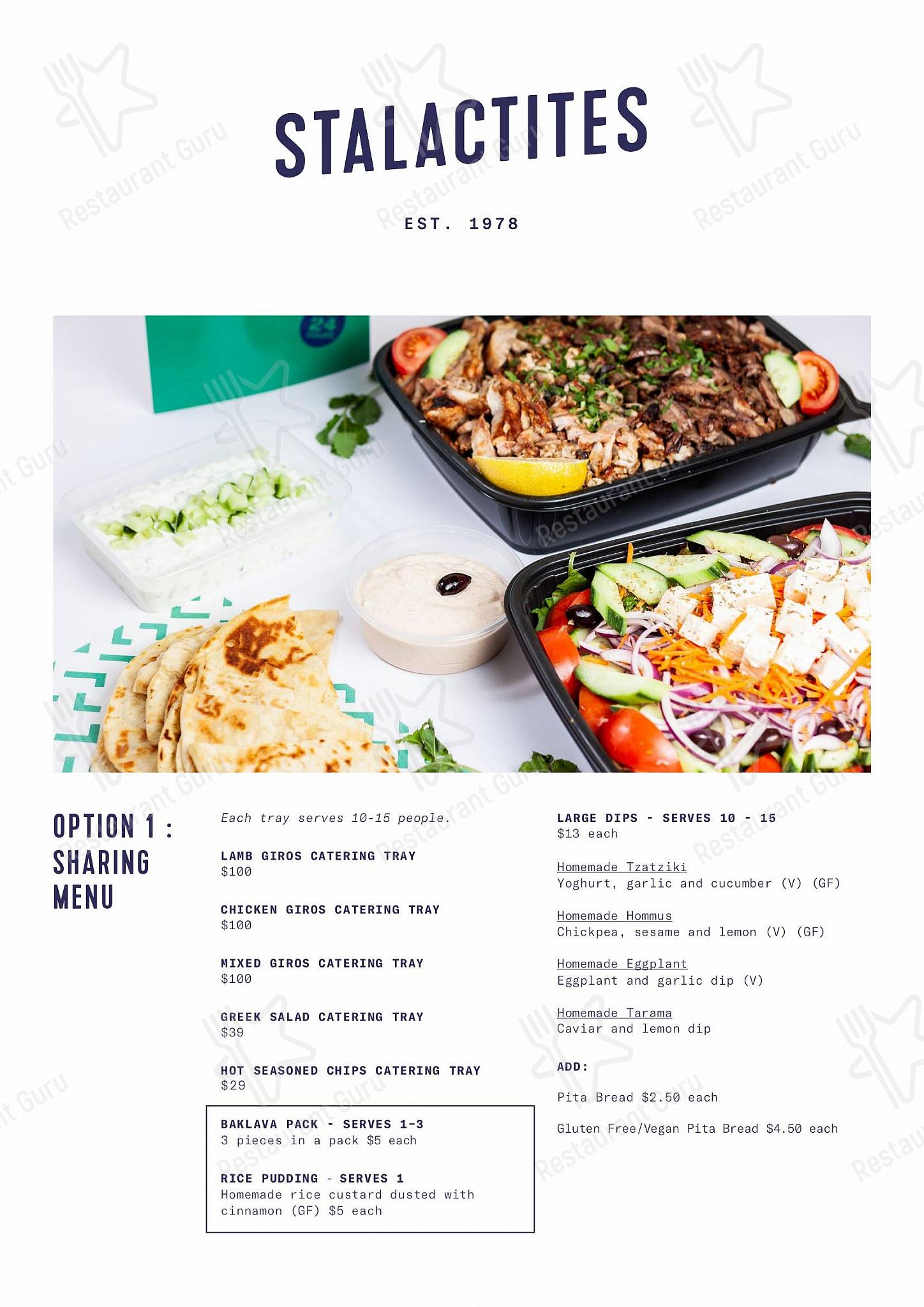 Menu at Stalactites Restaurant, Melbourne