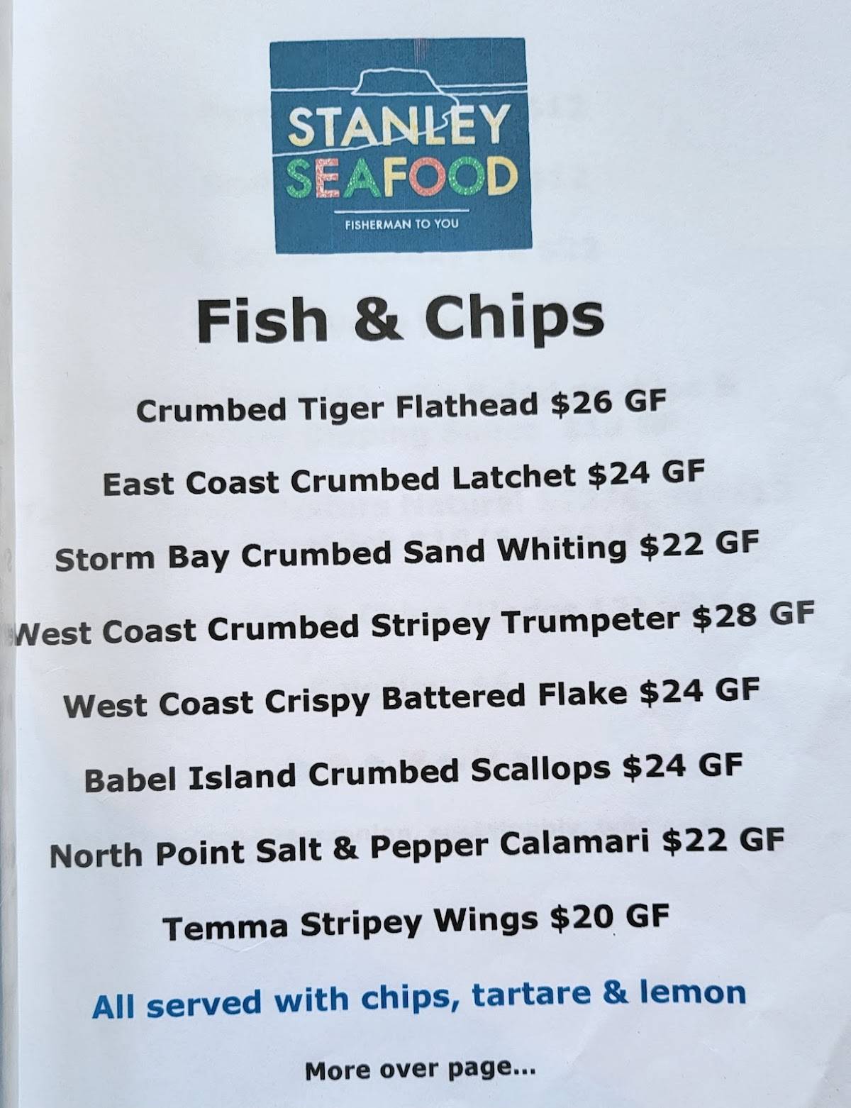 Menu at Stanley Seafood restaurant, Stanley