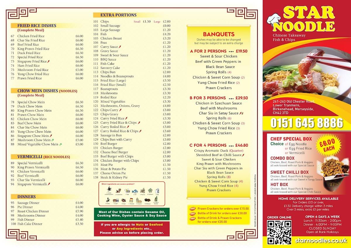 Menu at Star Noodle restaurant, Birkenhead, 261 Old Chester Rd