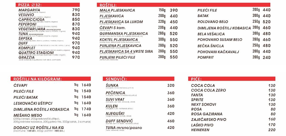 Menu at Stari Duff restaurant, Belgrade