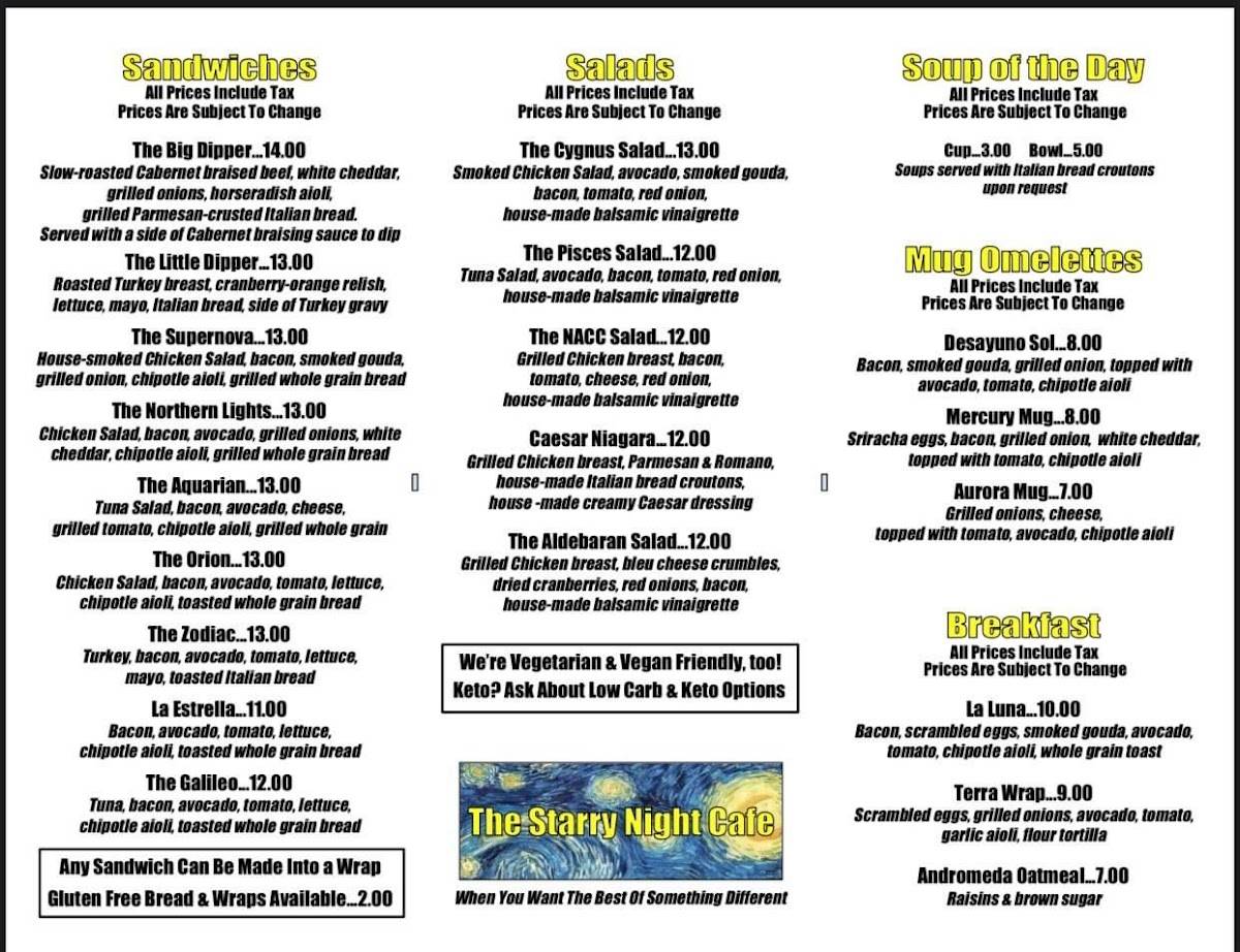 Menu at Starry Night Café cafe, Niagara Falls