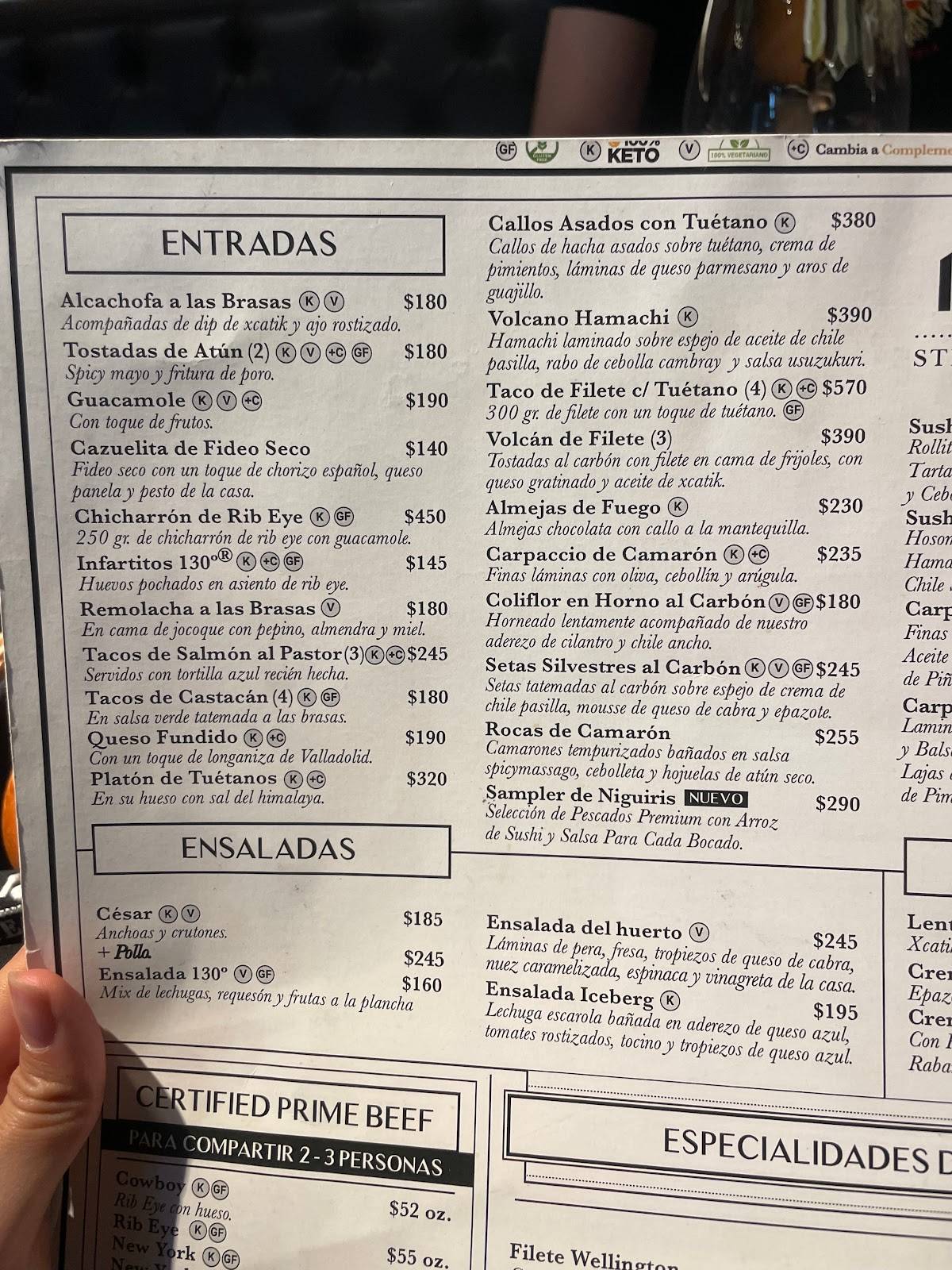 Carta de 130 grados Steakhouse Querétaro, Santiago de Querétaro