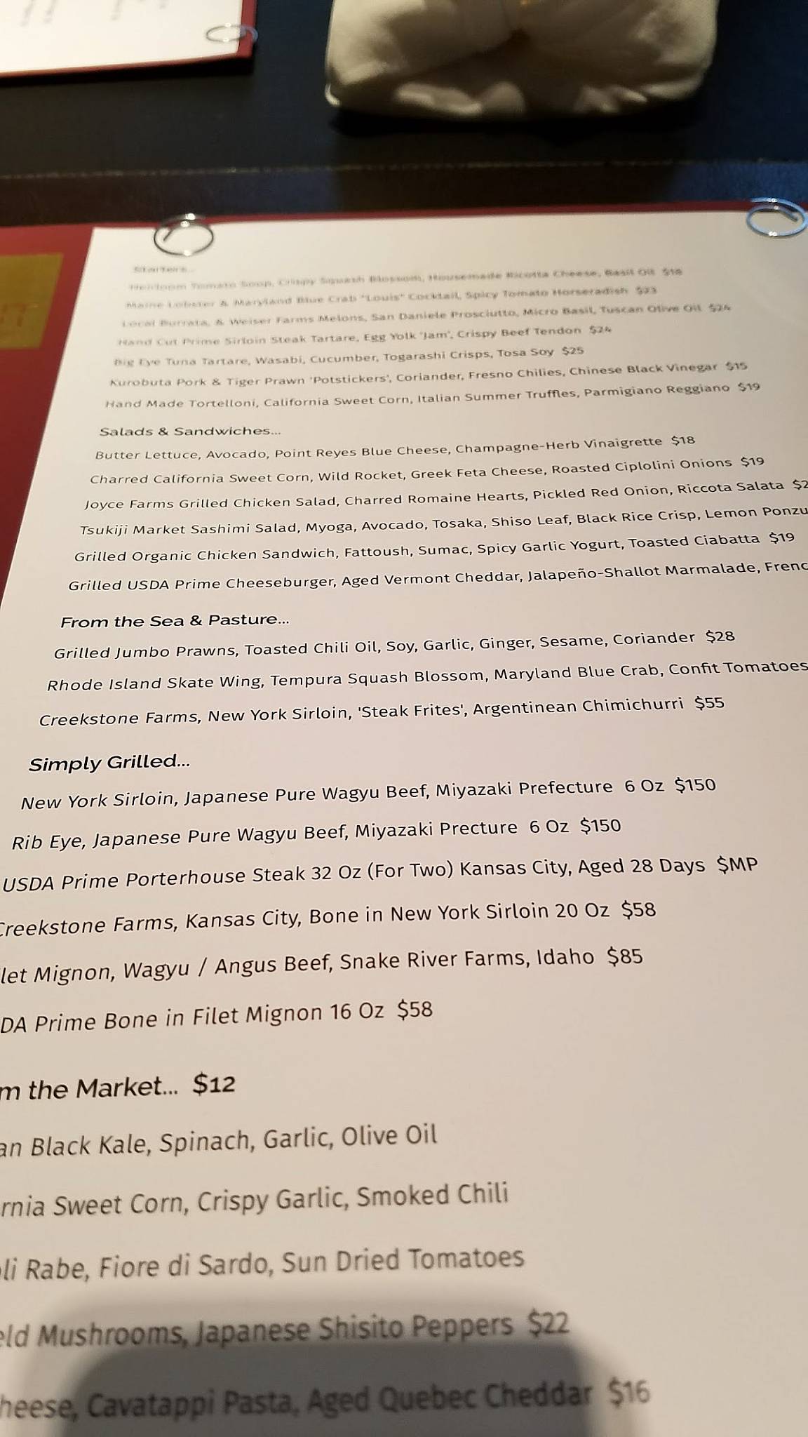 Menu at CUT by Wolfgang Puck steakhouse, New York City