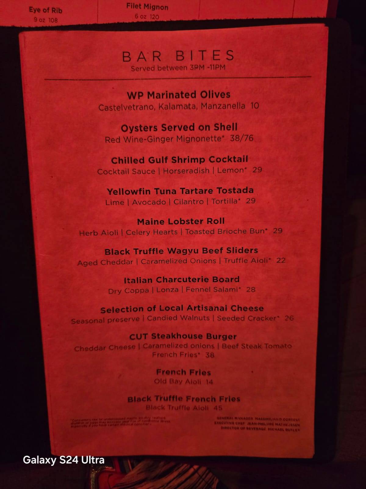 Menu at CUT by Wolfgang Puck steakhouse, New York City