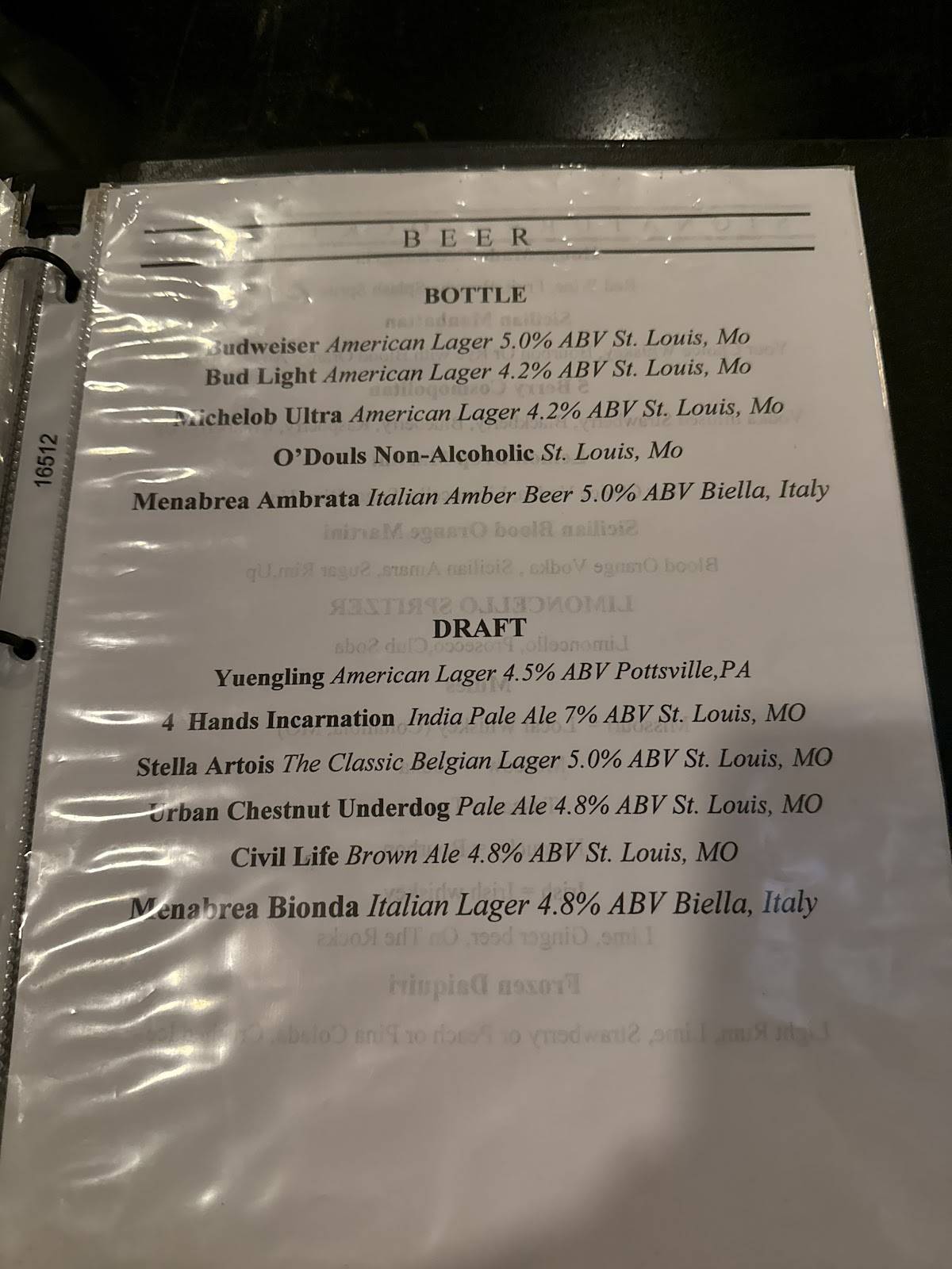 Menu at Charlie Gitto's On the Hill steakhouse, St. Louis, Shaw Ave