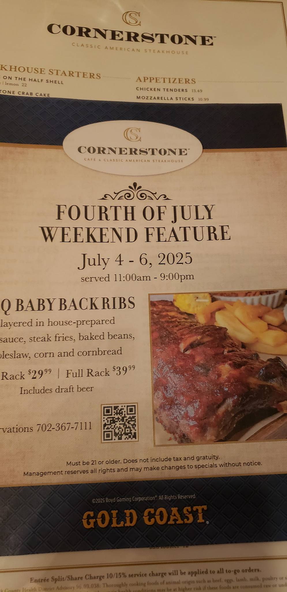 Menu at Cornerstone Café & Steakhouse, Las Vegas