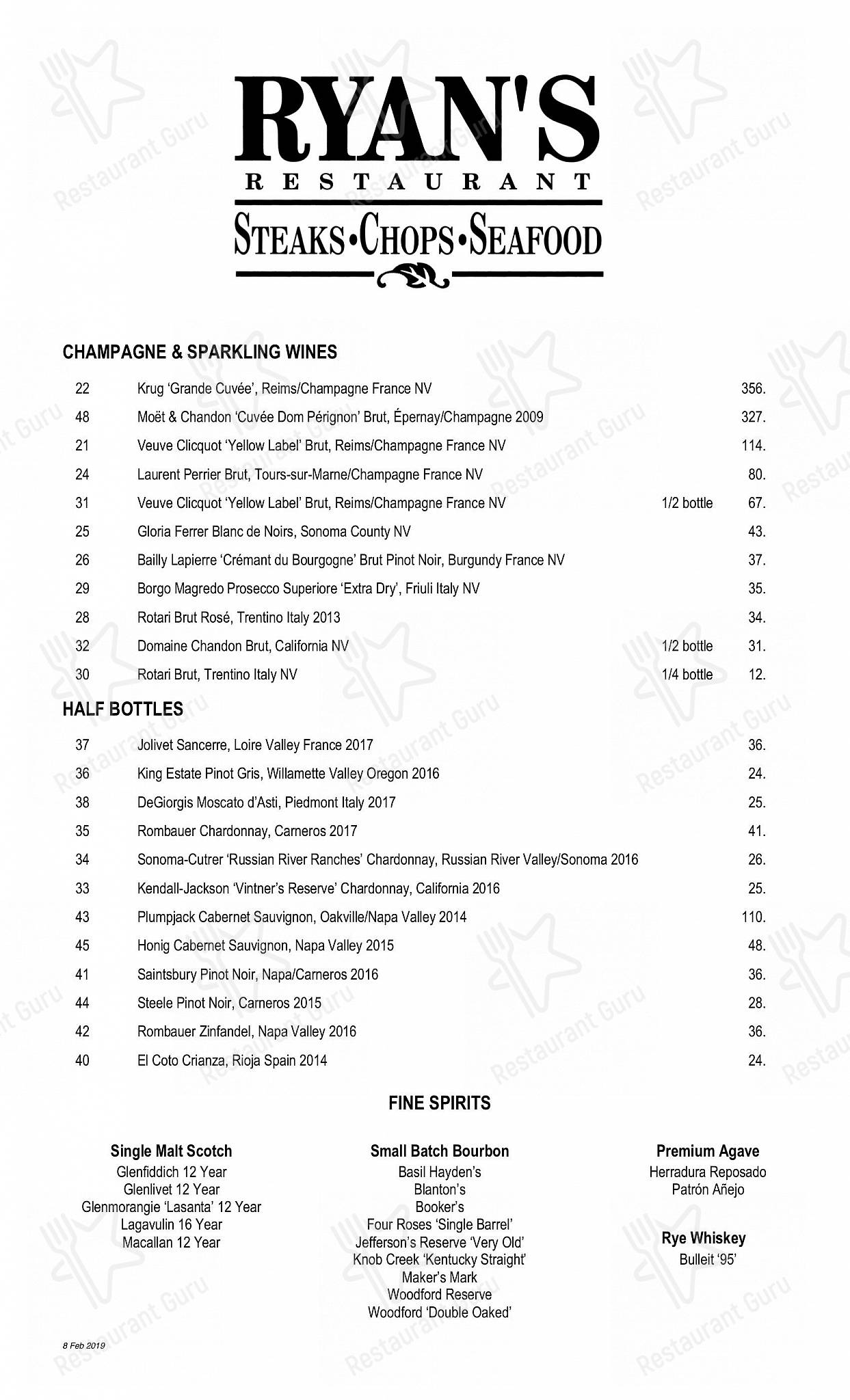 Menu at Ryan's Restaurant, Winston-Salem