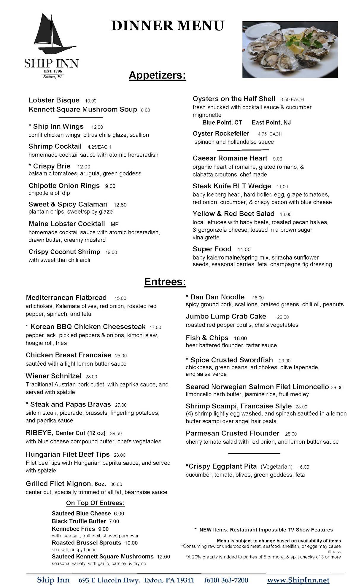 Menu at Ship Inn steakhouse, Exton, 693 Lincoln Hwy