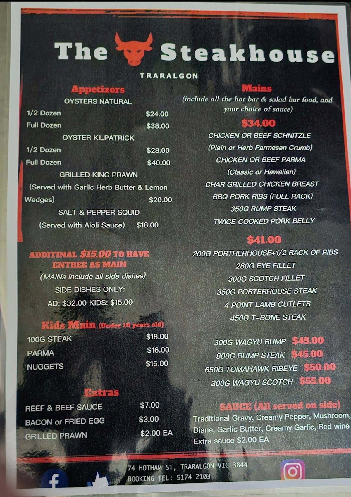 Menu at The Steak House steakhouse, Traralgon