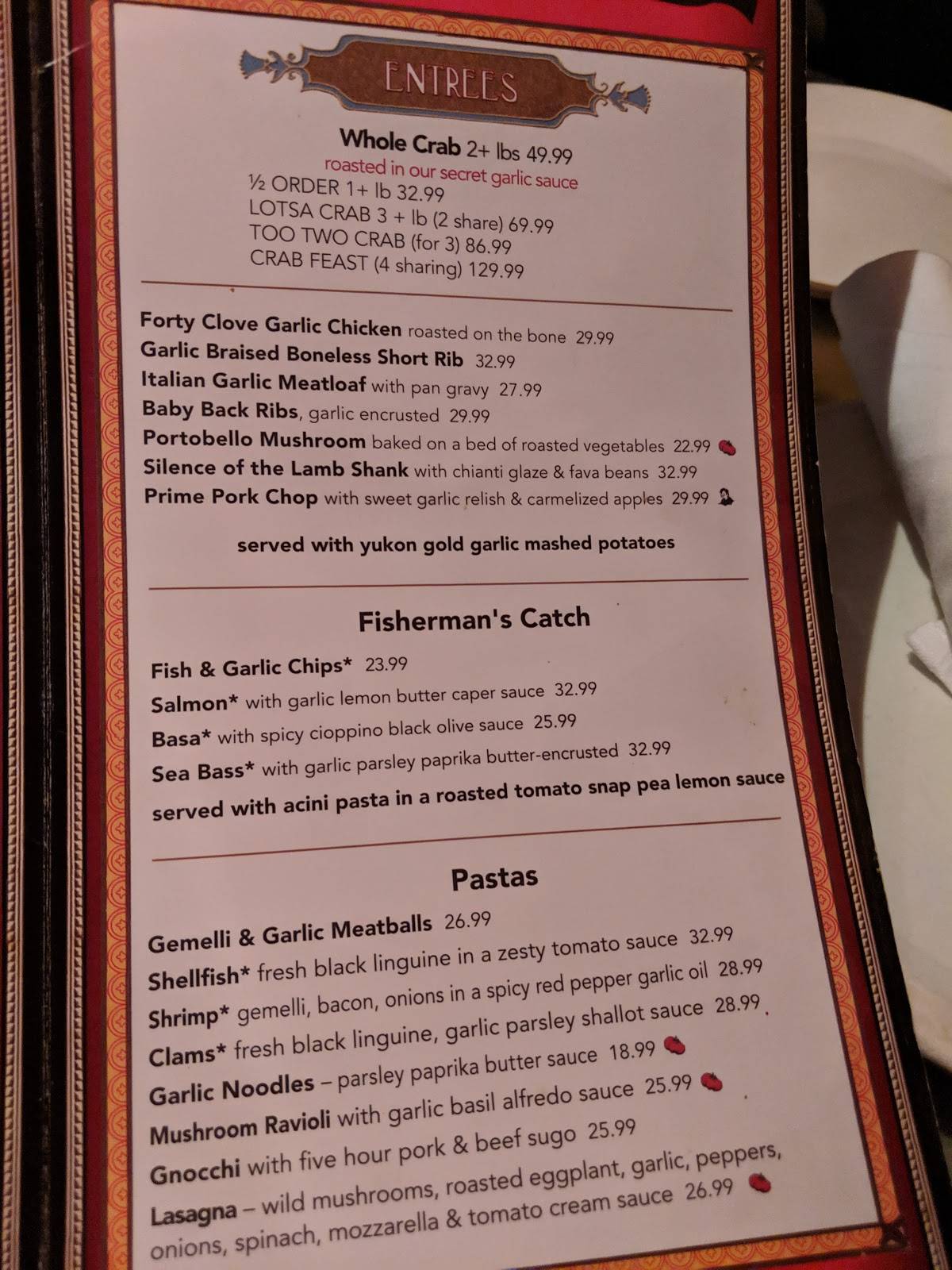 Menu at The Stinking Rose steakhouse, Beverly Hills