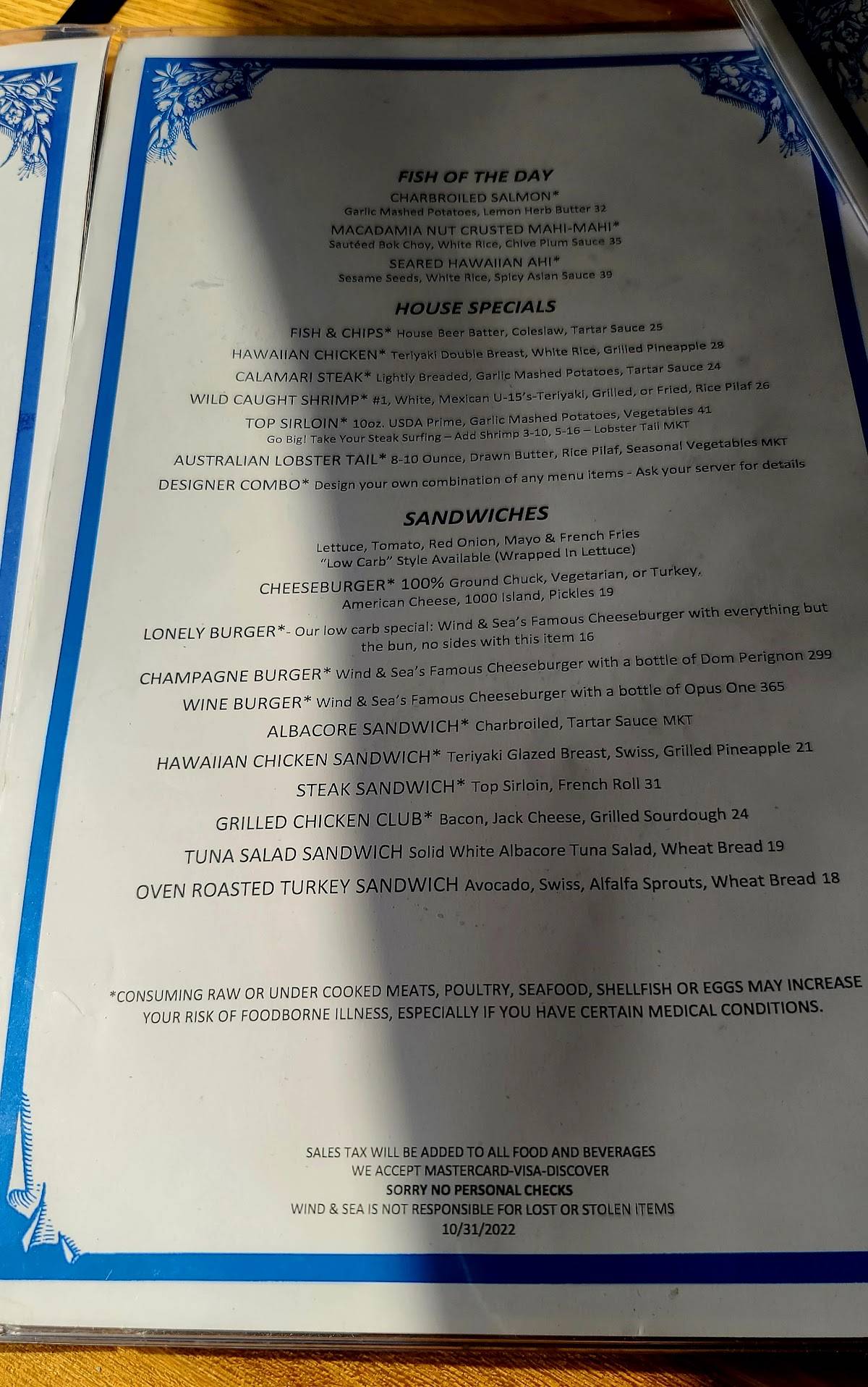 Menu at Wind & Sea Restaurant, Dana Point