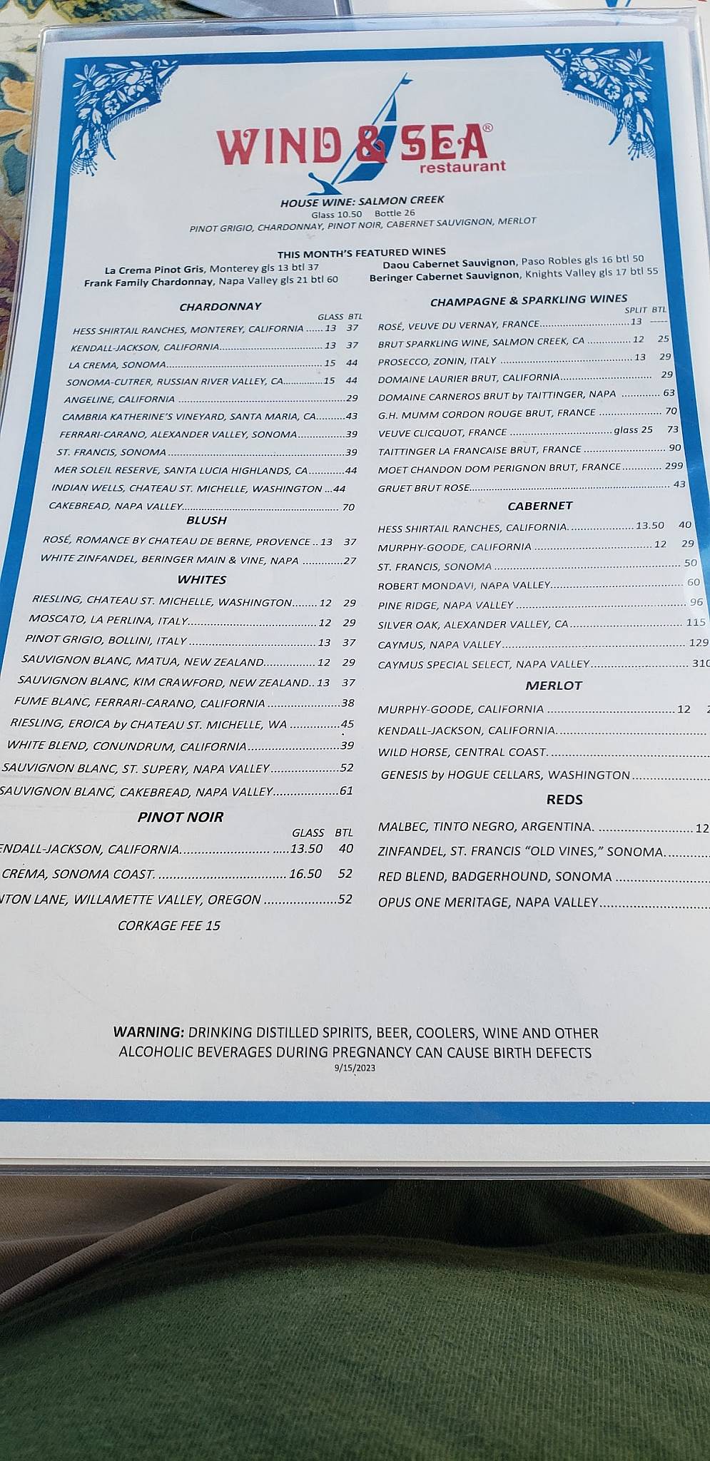Menu at Wind & Sea Restaurant, Dana Point