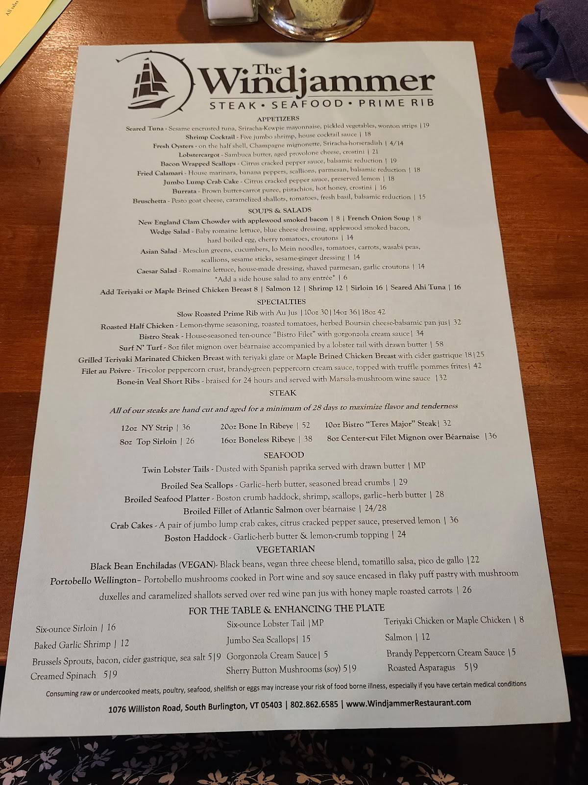 Menu at Windjammer Restaurant & Upper Deck Pub, South Burlington