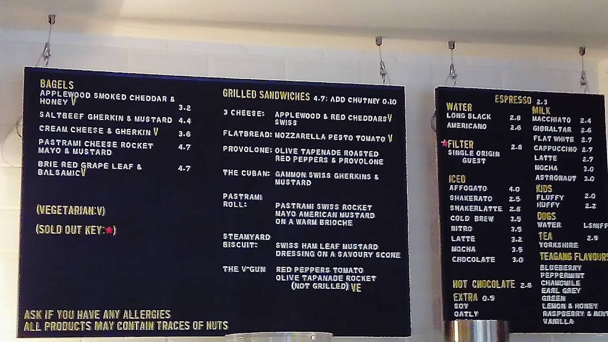 Menu at Steam Yard cafe, Sheffield