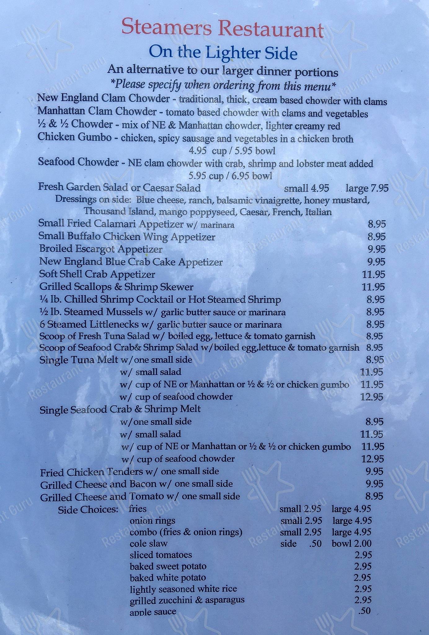 Menu at Steamers of Naples restaurant, Naples