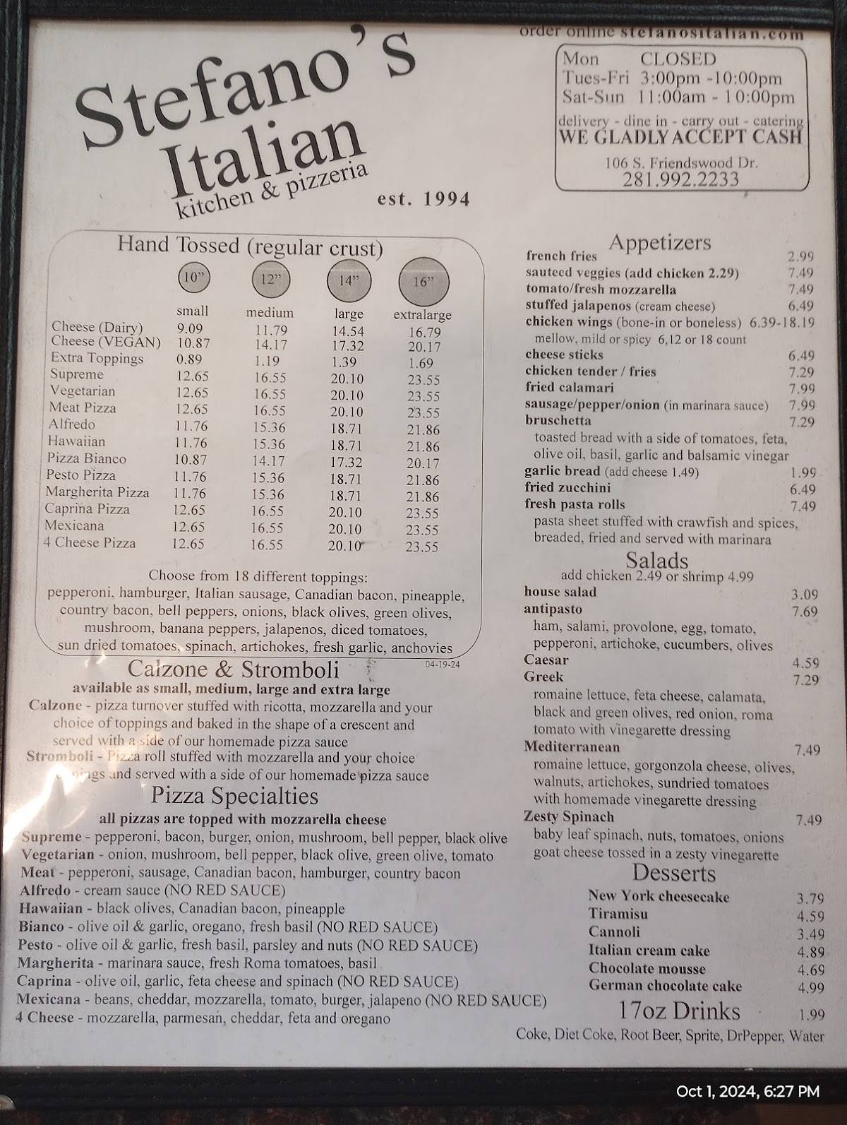 Menu at Stefano's pizzeria, Friendswood
