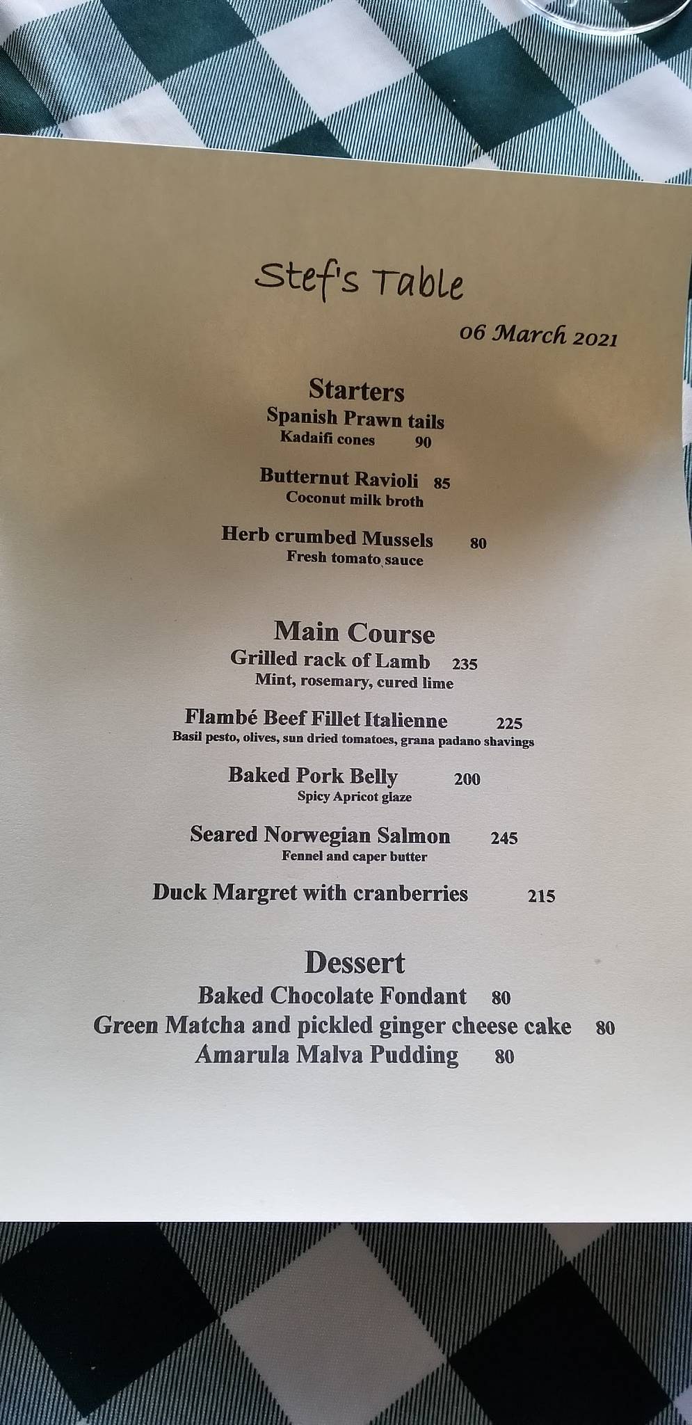 Menu at Stef's Table restaurant, Hartbeespoort