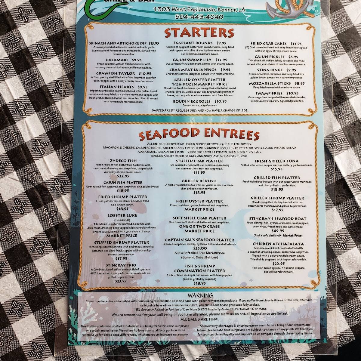 Menu at Stingrays Restaurant & Bar, Kenner