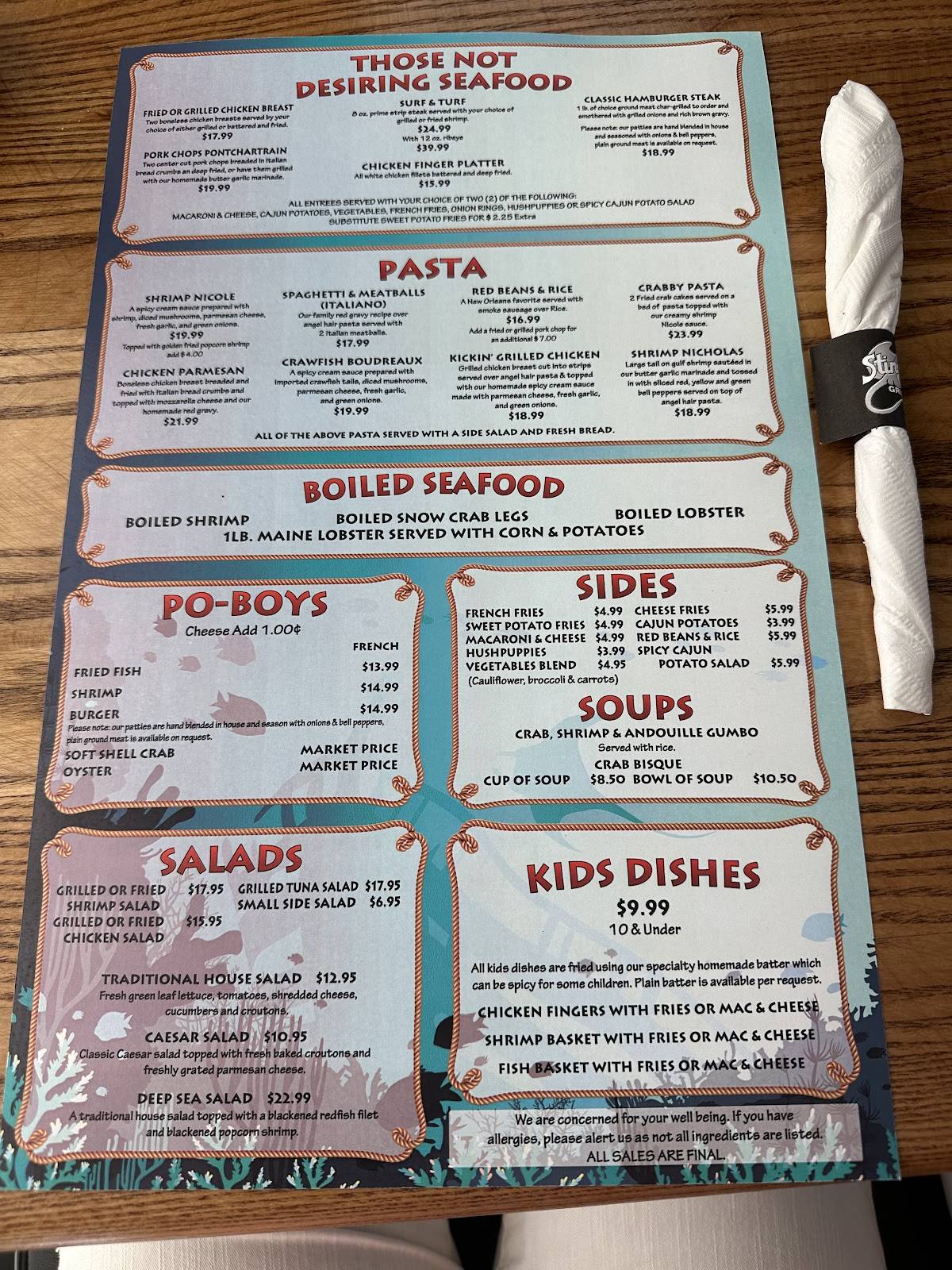 Menu at Stingrays Restaurant & Bar, Kenner