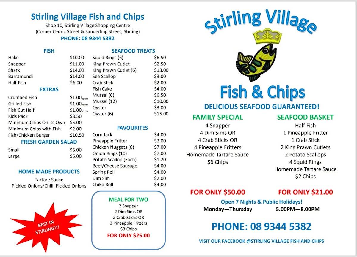 Menu at Stirling Village Fish & Chips restaurant, Stirling, Shop 10