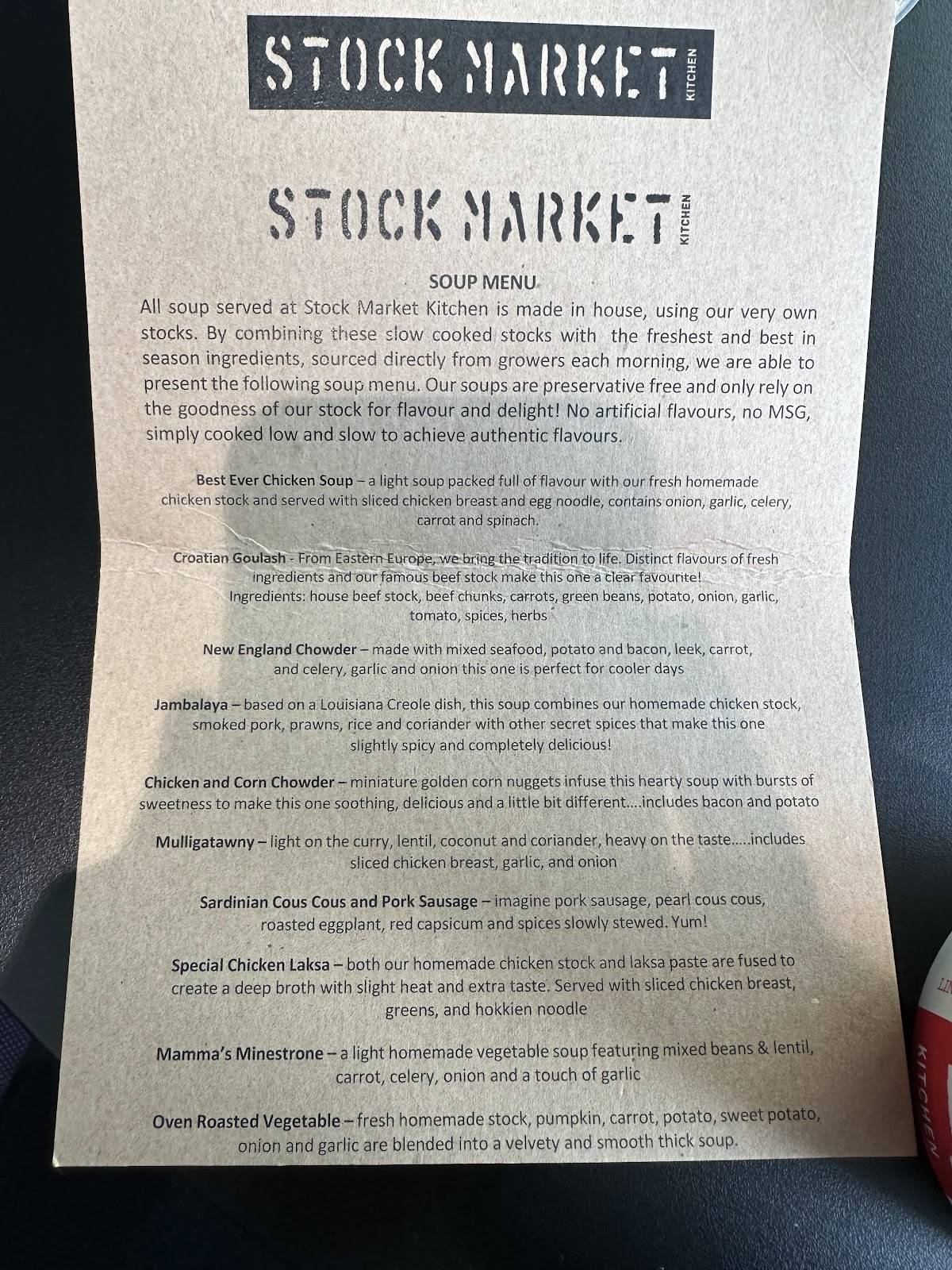 Menu at Stockmarket Kitchen restaurant, Sydney, 7/161 Castlereagh St