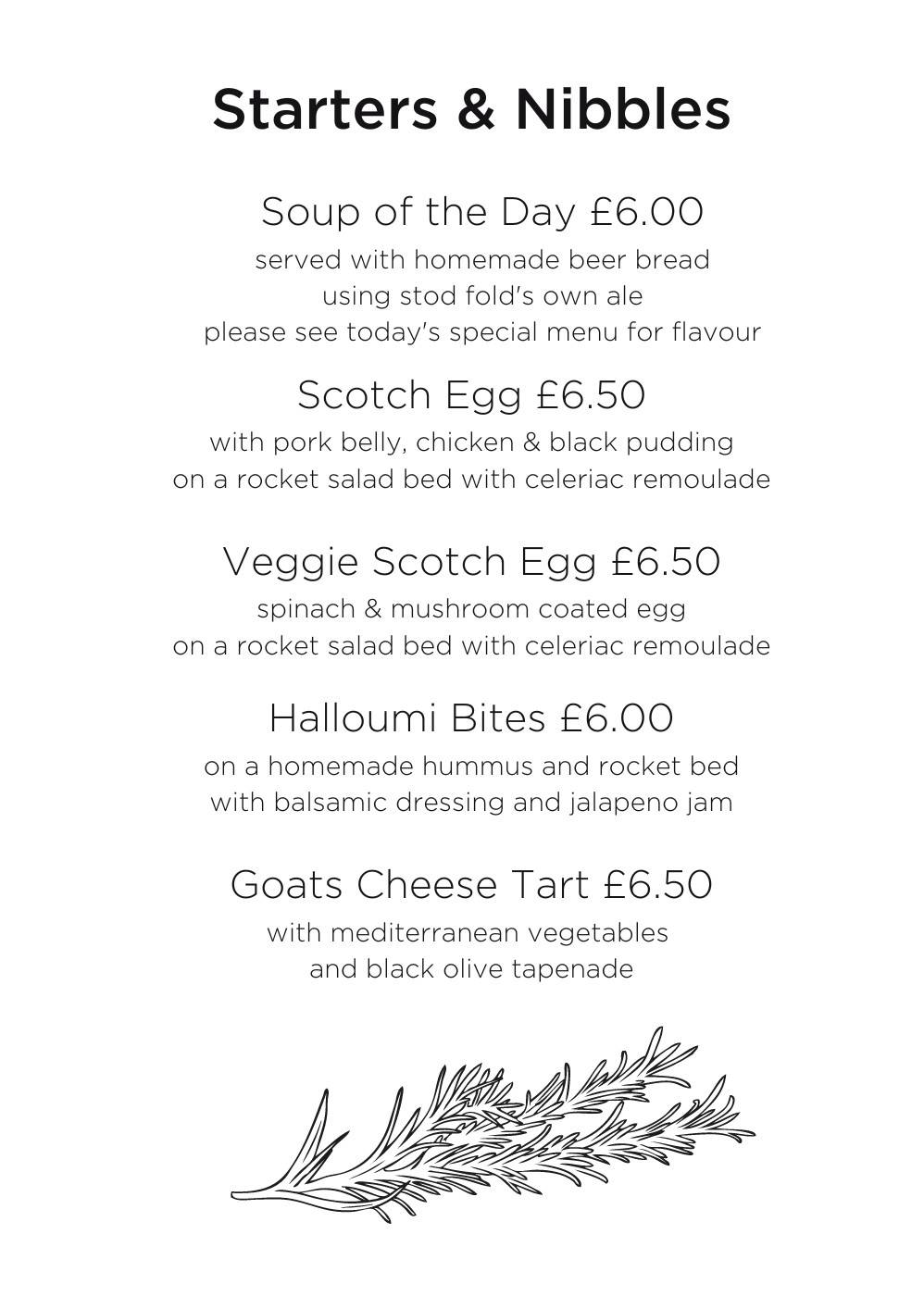 Carta del pub y bar Stod Fold, Halifax