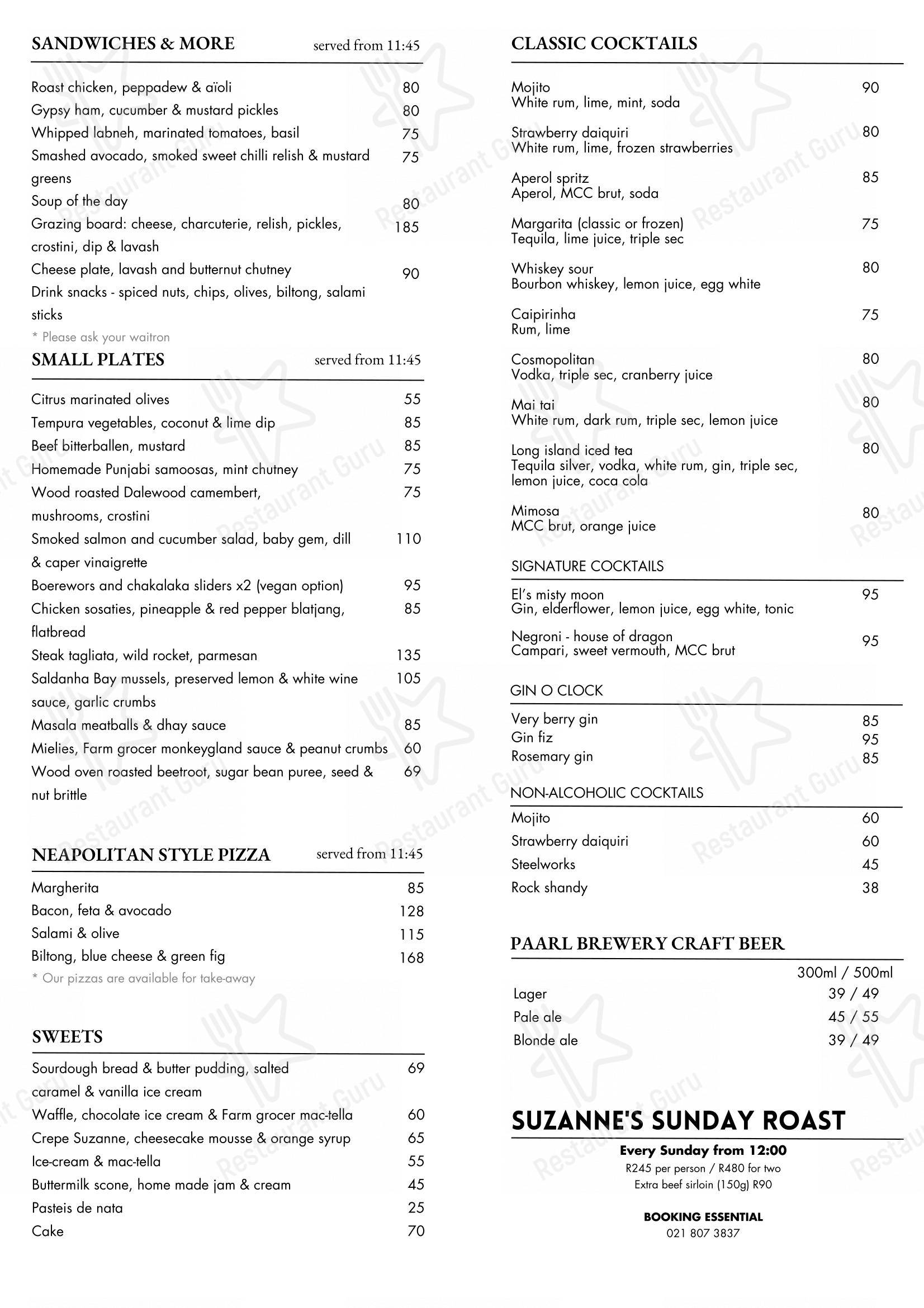 Menu at Stoep restaurant, Paarl