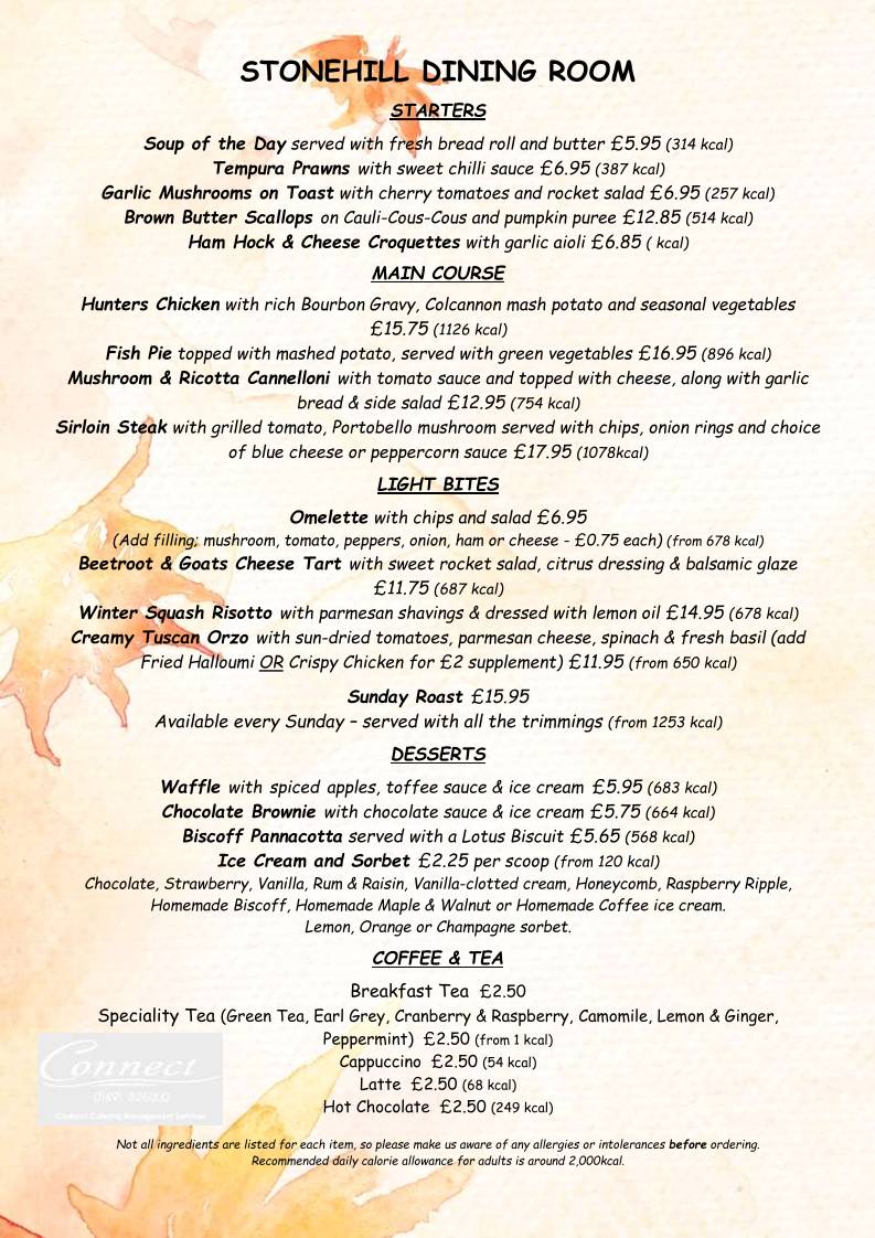 Menu at Stonehill Dining Room restaurant, Cross in Hand